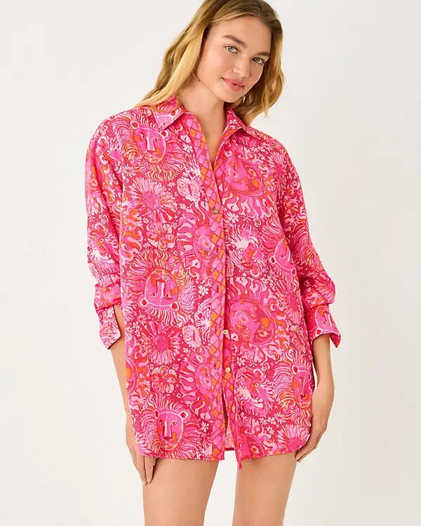 Lilly Pulitzer® Kwitney Long Sleeve Cotton Cover-up In Button Front, Collared - Paradise Punch