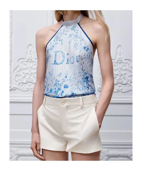 Dior Riviera Toile De Jouy Floral Garden Silk Top - White
