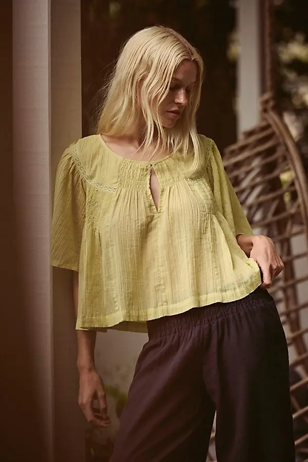 Free People Cropped Cotton Crinkle Blouse - Green Wheat