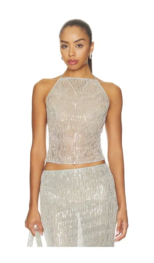 THE NEW ARRIVALS ILKYAZ OZEL Metallic Sequin Embellished Halter Neck Crop Top