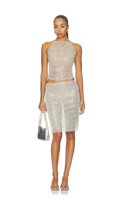 THE NEW ARRIVALS ILKYAZ OZEL Metallic Sequin Embellished Halter Neck Crop Top
