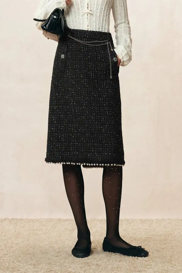 Fabrique Catherine Pearl Embellished Tweed Straight Skirt