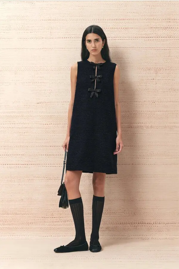 Fabrique Rosalind Beaded Bow Dress In Tweed