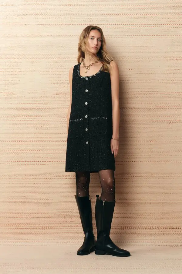 Fabrique Charlotte Square Neck A-line Dress In Shimmer Wool Tweed