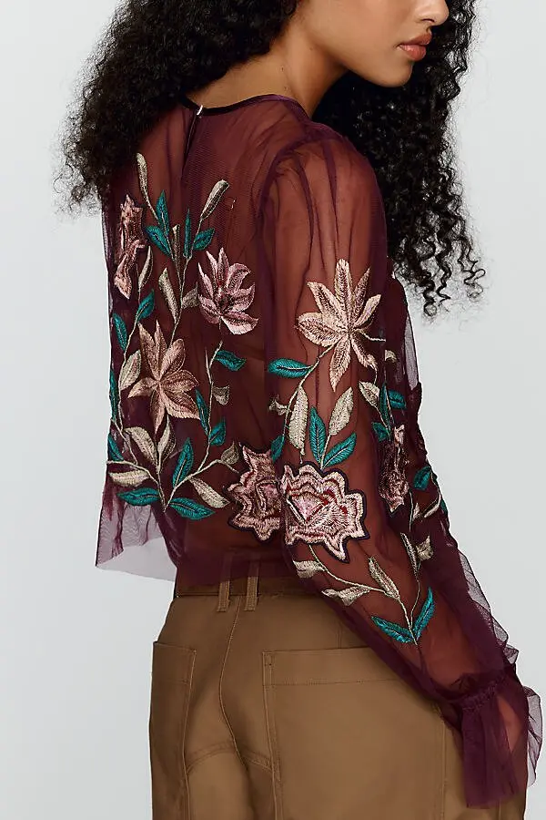 Anthropologie Embroidered Mesh Blouse