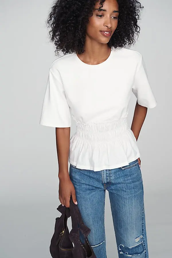 DOLAN LEFT COAST 100% Cotton Smocked Peplum Tee - White