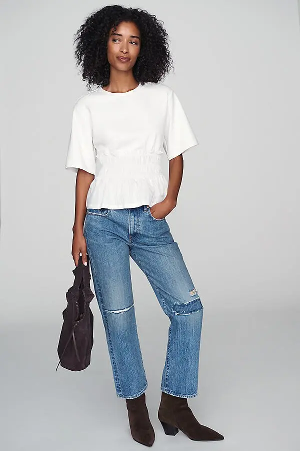 DOLAN LEFT COAST 100% Cotton Smocked Peplum Tee - White