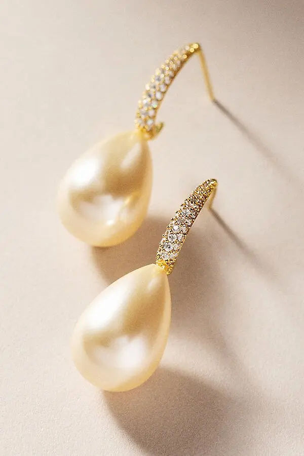 ADINA EDEN Pave Teardrop Pearl Hoop Earrgs - Gold