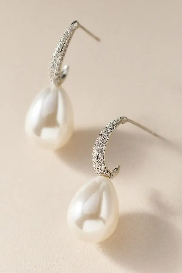 ADINA EDEN Pave Teardrop Pearl Hoop Earrings - Silver