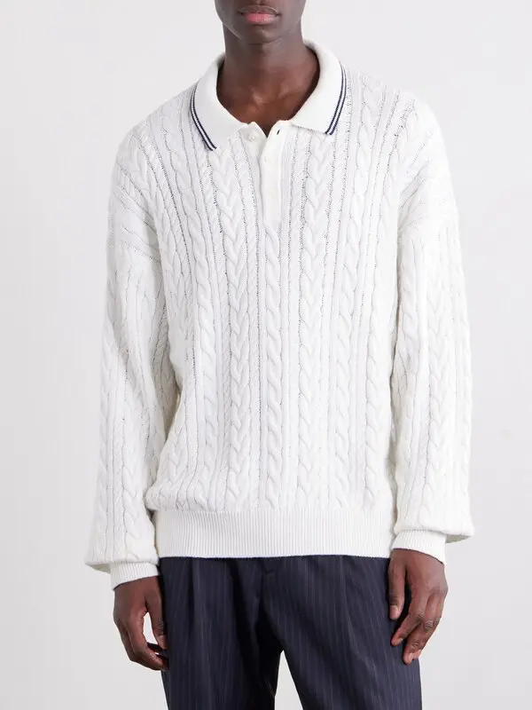 Polo Ralph Lauren Cable-knit Cotton And Linen-blend Polo Sweater