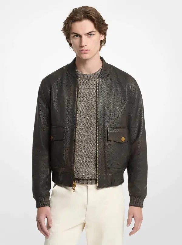 Michael Kors Pebbled Leather Bomber Jacket