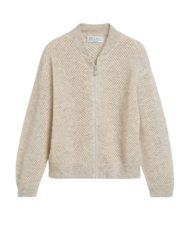 Brunello Cucinelli Sparkling Mohair And Wool Net Bomber Cardigan