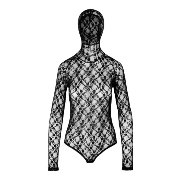 IOANA CIOLACU Brody Sheer Lace Hooded Bodysuit - Black