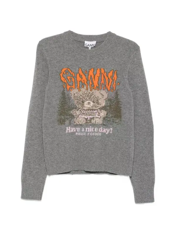 GANNI Graphic-intarsia Crew Neck Sweater - Grey