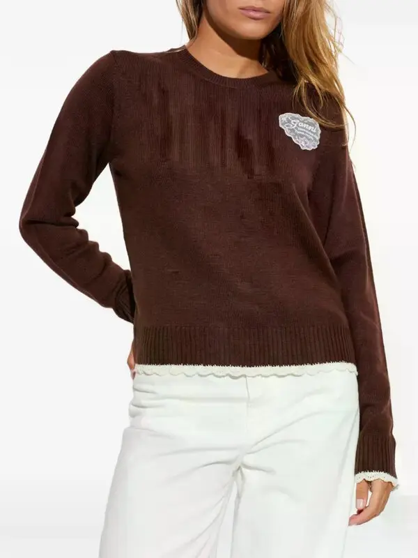 GANNI Wool Crewneck Sweater With Contrast Trims - Brown
