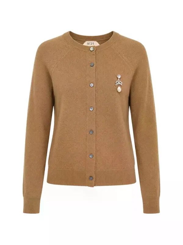 N°21 Crystal-embellished Bow Brooch Cardigan - Brown