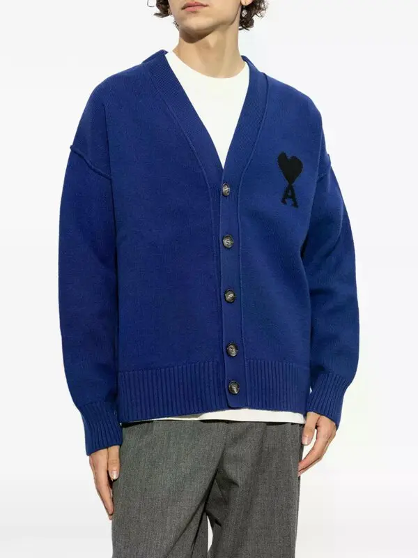 AMI Paris Natural Wool Cardigan With De Coeur