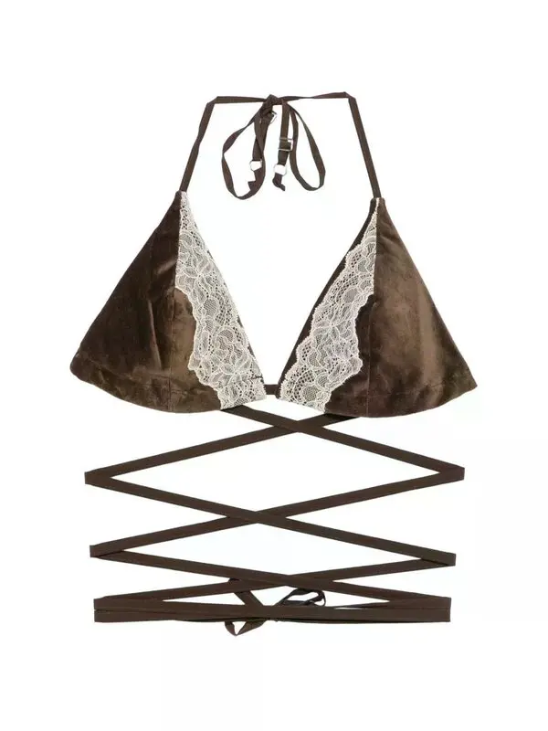 MAISON JEJIA Lace-trim Velvet Halter Top - Brown