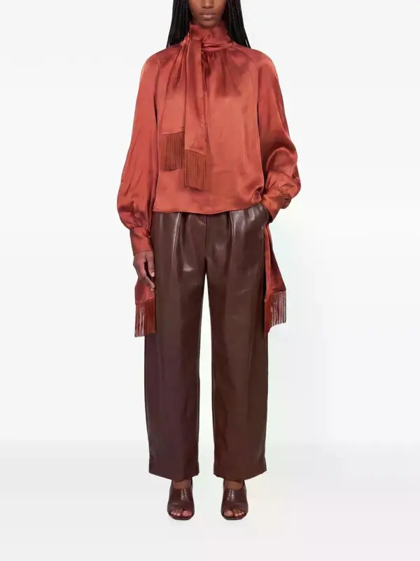 ROWEN ROSE Fringe-trimmed Tie-neck Blouse