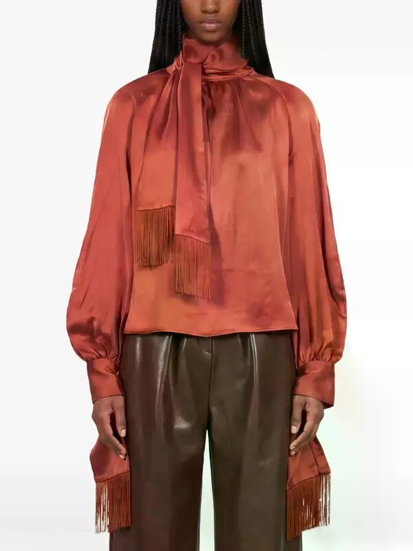 ROWEN ROSE Fringe-trimmed Tie-neck Blouse