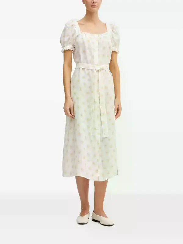 Sleeper Brigitte Daisy-print Belted Linen Midi Dress