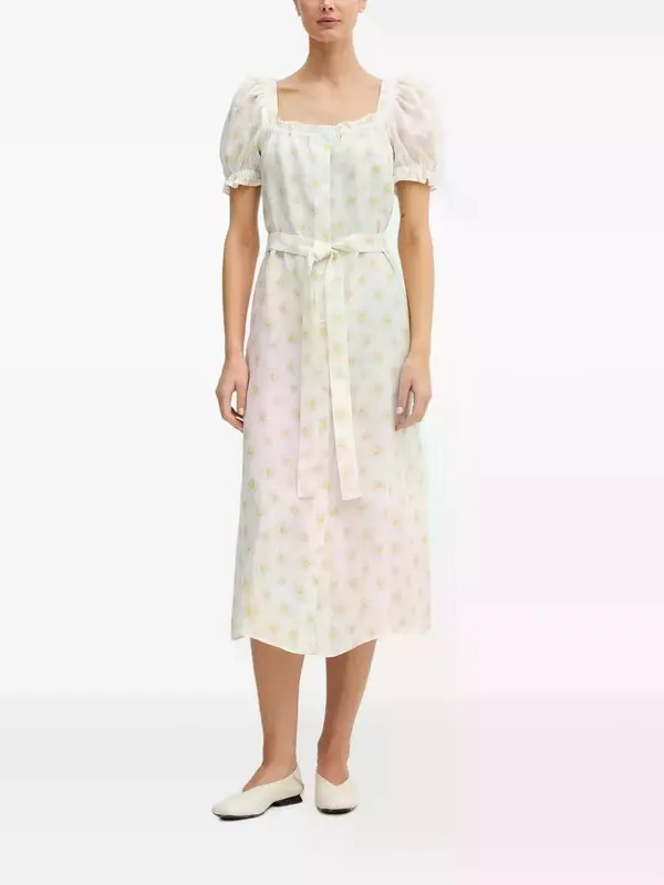 Sleeper Brigitte Daisy-print Belted Linen Midi Dress