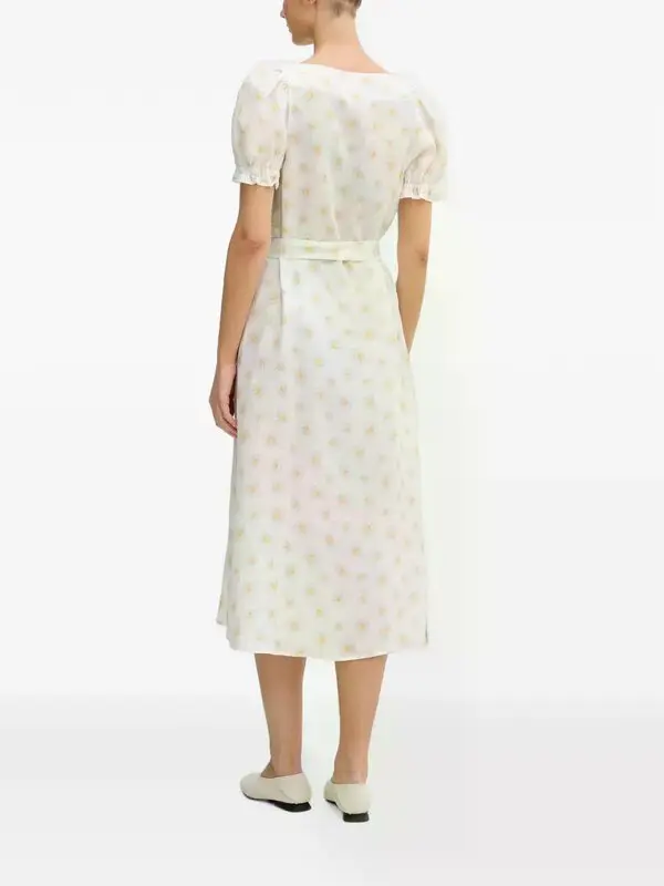 Sleeper Brigitte Daisy-print Belted Linen Midi Dress