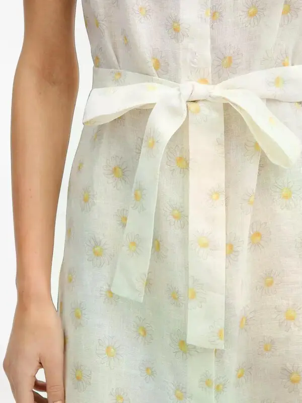 Sleeper Brigitte Daisy-print Belted Linen Midi Dress