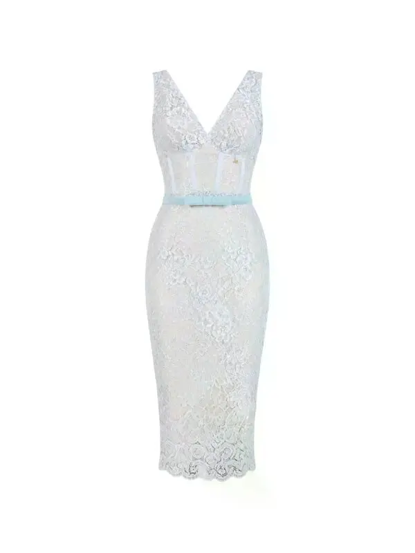 DIVEDIVINE Megan Belted Lace-work Midi Dress - Blue