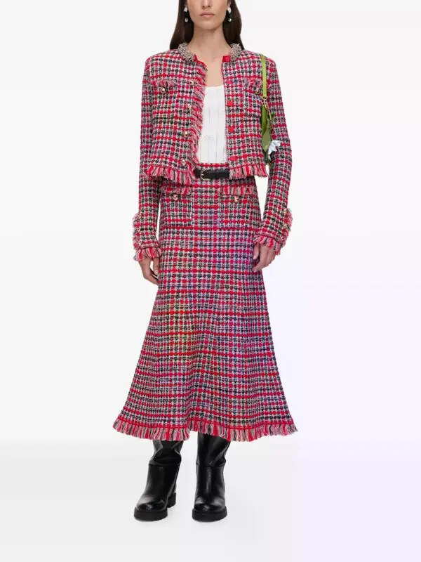 SELF-PORTRAIT Check Frayed Knit Midi Skirt
