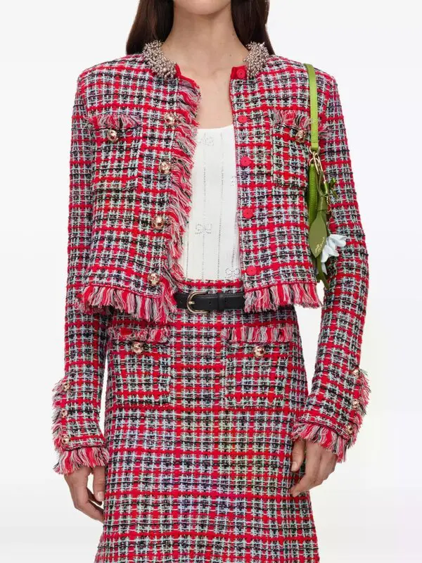 SELF-PORTRAIT Check Frayed Knit Midi Skirt