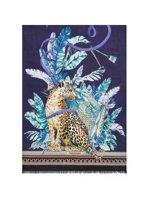 FERRAGAMO Feline-print Pure-wool Stole - Blue
