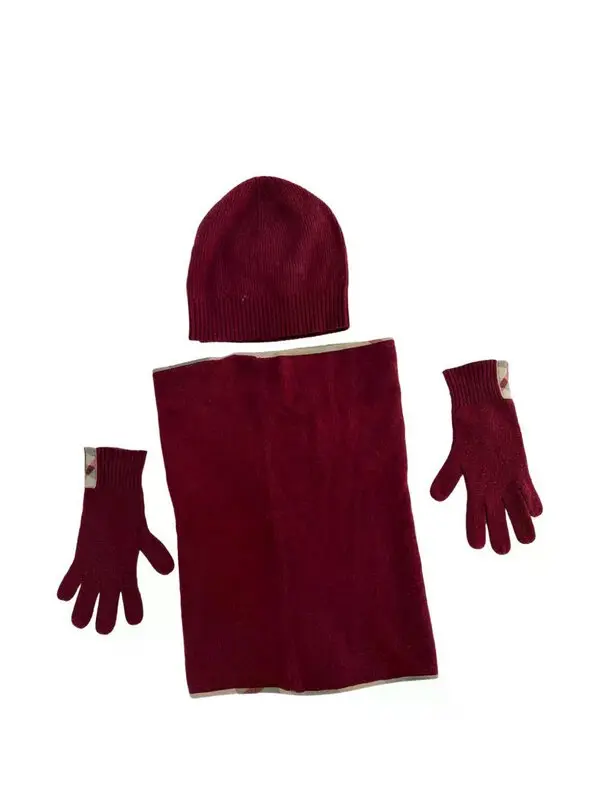 Burberry Rib-knit Cashmere Beanie Hat, Scarf, And Gloves Set - Red