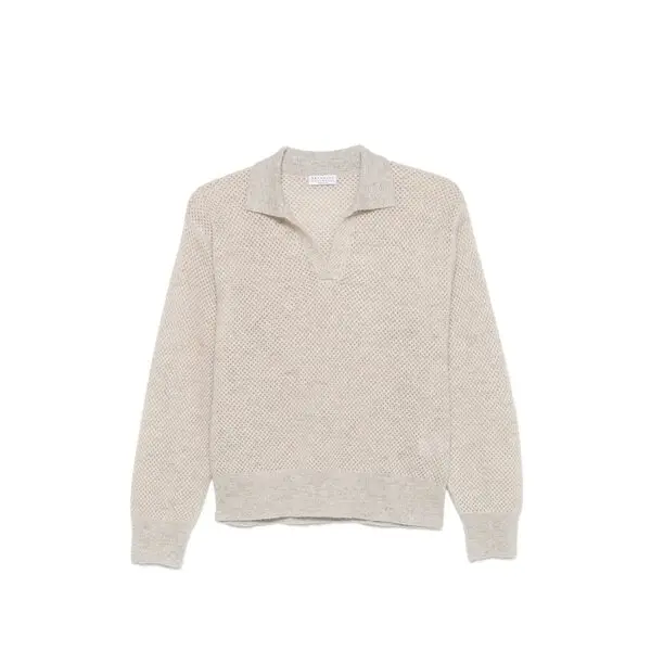Brunello Cucinelli Perforated Knit V-neck Jumper - Cream