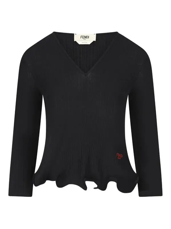 Fendi V-neck Ribbed Top With Ruffles