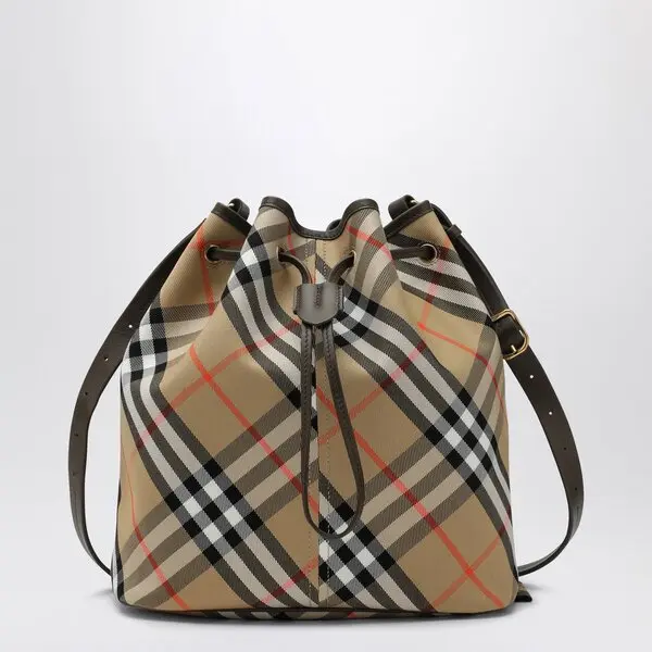 Burberry Bucket Bag In Beige Cotton Twill With Check Pattern