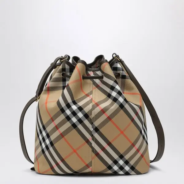 Burberry Bucket Bag In Beige Cotton Twill With Check Pattern