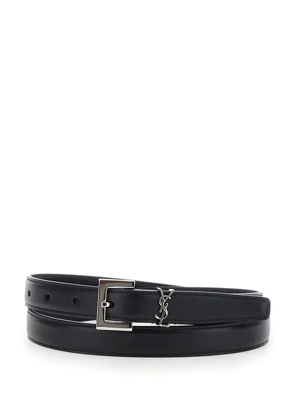 Saint Laurent Leather Belt With Cassandre Plate - Black