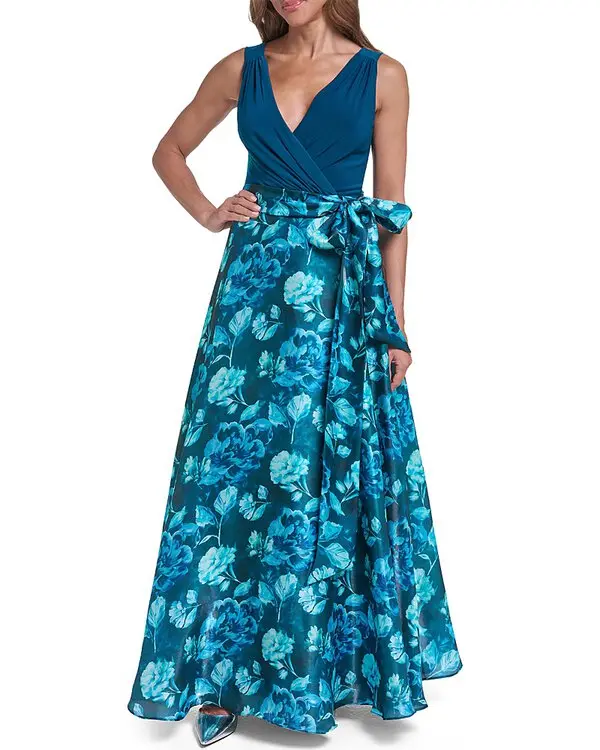 Eliza J Crossover Neck Tie Waist Mixed Media Gown