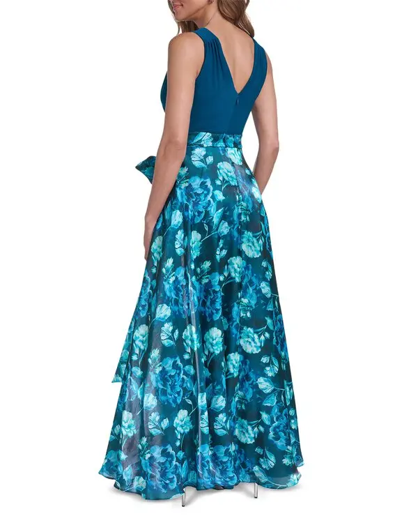 Eliza J Crossover Neck Tie Waist Mixed Media Gown