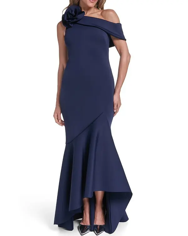Eliza J One Shoulder Rosette Trim Ruffle Hem Gown