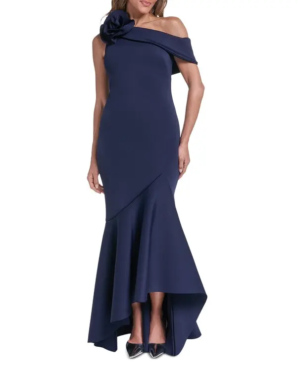 Eliza J One Shoulder Rosette Trim Ruffle Hem Gown