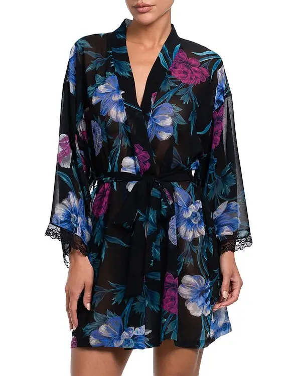 IN BLOOM BY JONQUIL Printed Chiffon Wrap Robe - Black