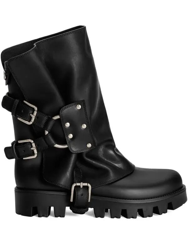 Dolce & Gabbana Leather Buckled Studded Lug Sole Boots