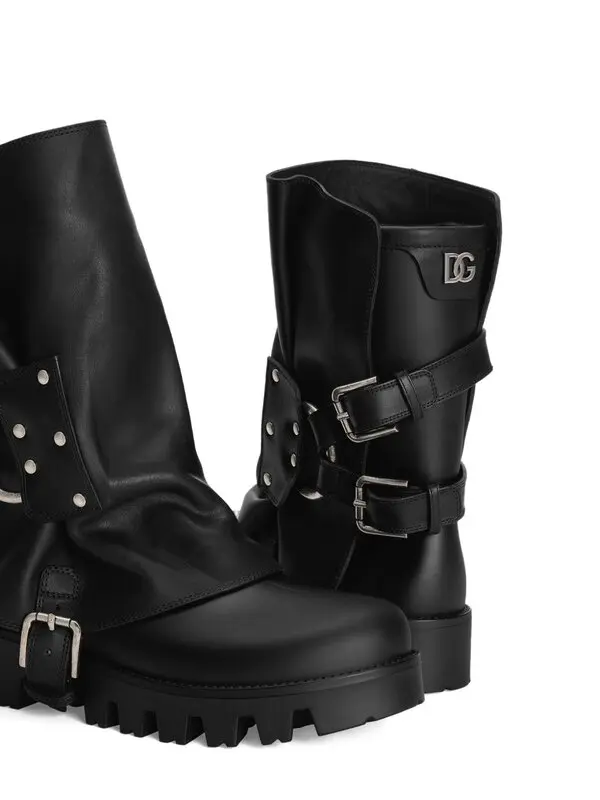 Dolce & Gabbana Leather Buckled Studded Lug Sole Boots