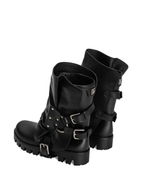 Dolce & Gabbana Leather Buckled Studded Lug Sole Boots