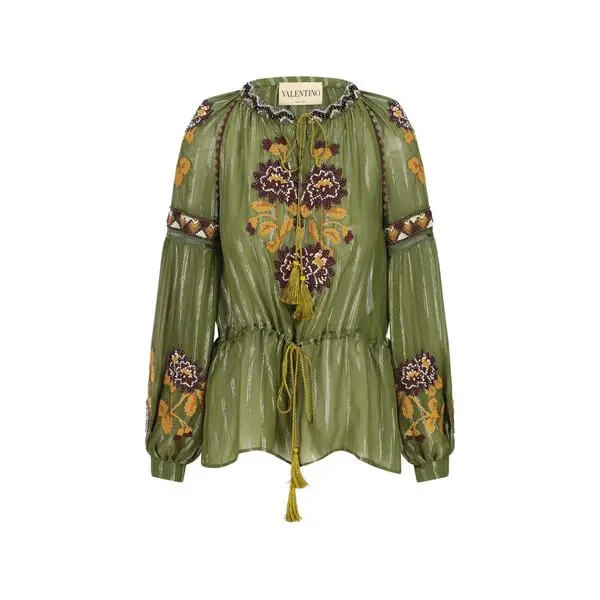 Valentino Garavani Silk Floral Embroidered Tasseled Blouse - Green