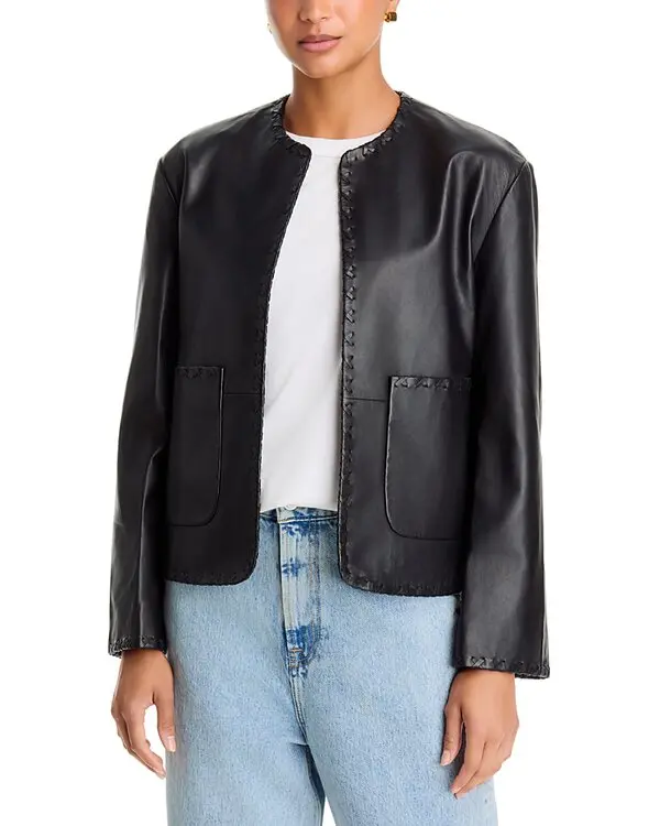 RÓHE Leather Blanket Stitch Collarless Jacket