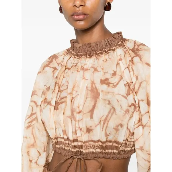 Zimmermann Neutral Tie-dye Ramie Cropped Blouse