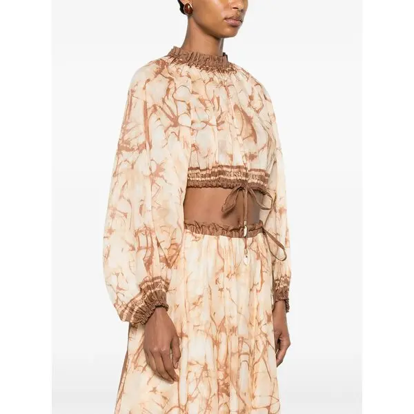 Zimmermann Neutral Tie-dye Ramie Cropped Blouse